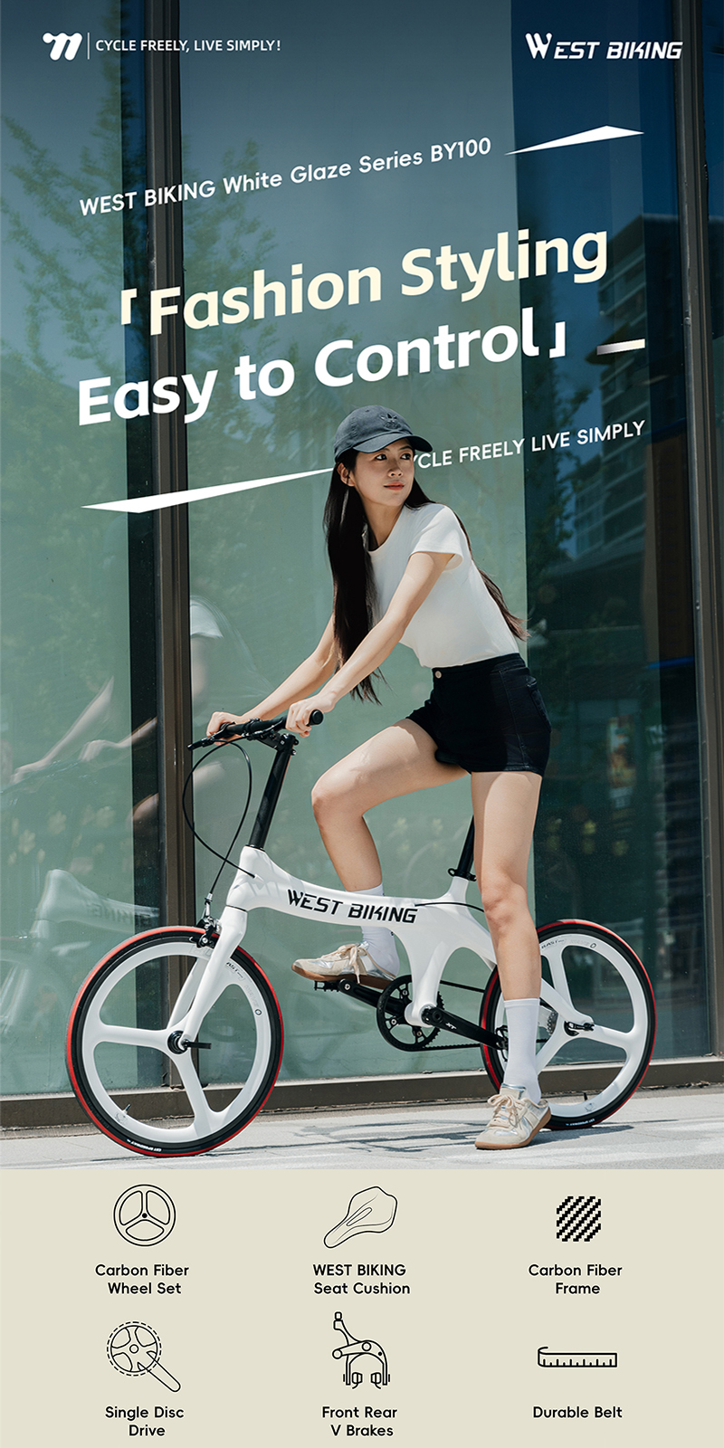 WEST BIKING 20 Inch Bike T700 Carbon Fiber 6.8KG Ultra Light Belt Drive ...