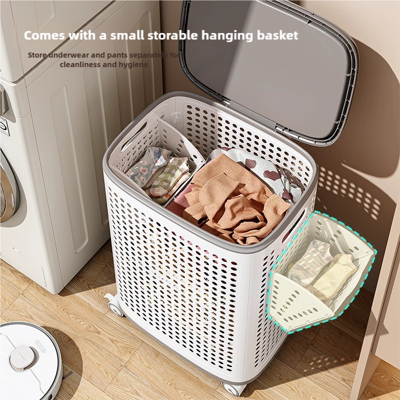 70L Foldable Laundry Basket With Wheels & Hanging Baskets | Bakul Baju ...