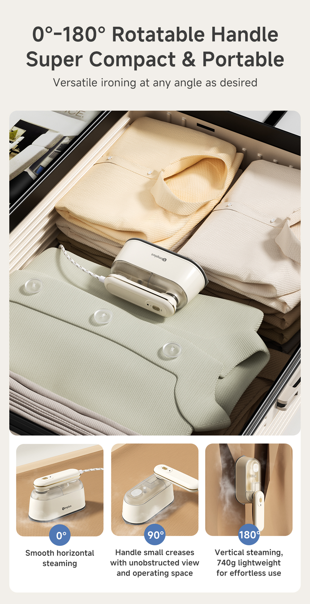 Simplus Pink Dual Pointed 180° Rotatable Handle Compact Portable Steam ...