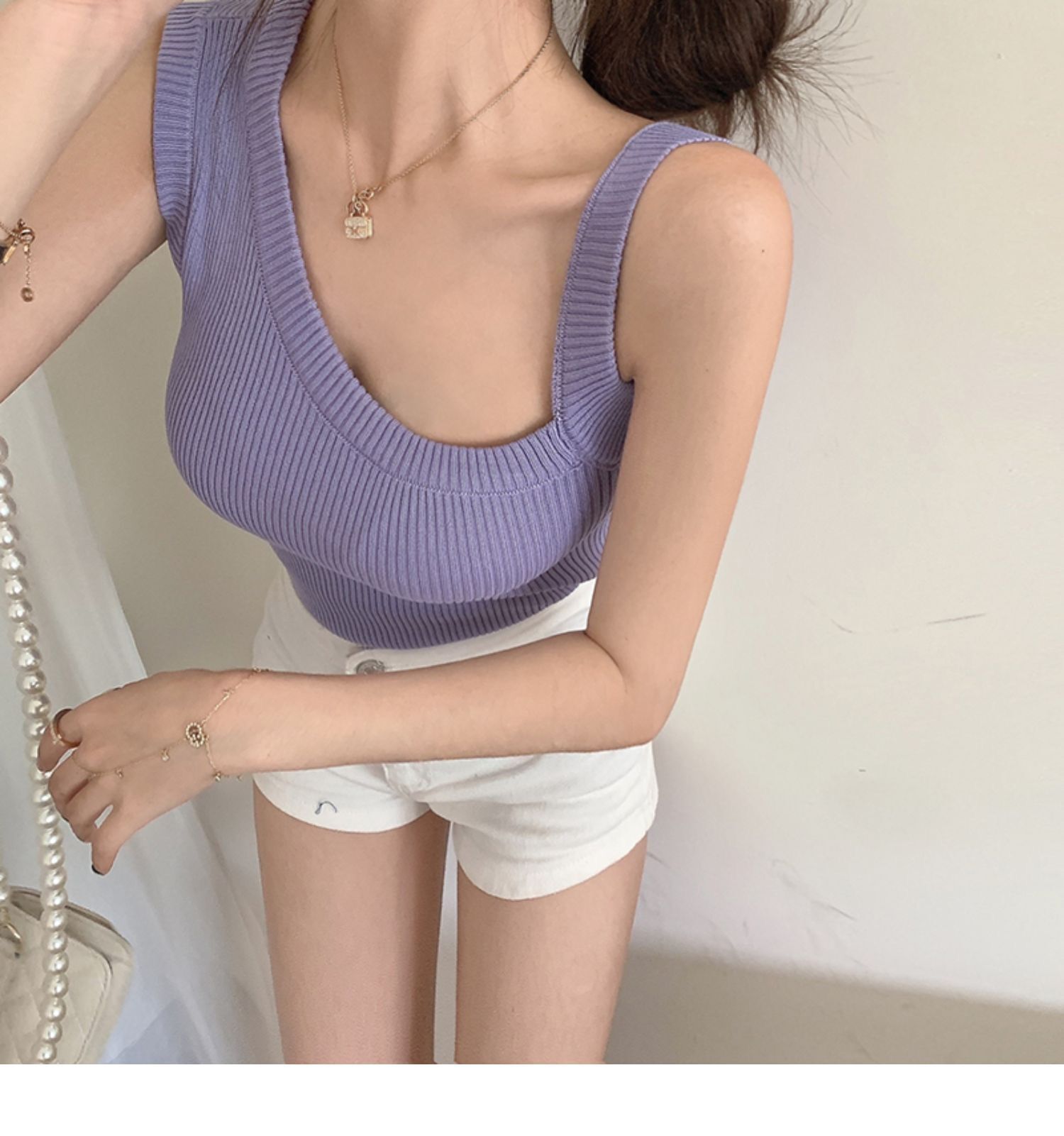 Knit Cotton Girl Female Fashion Sleeveless Singlets Round O Neck Blackless Singlet Comfortable ...