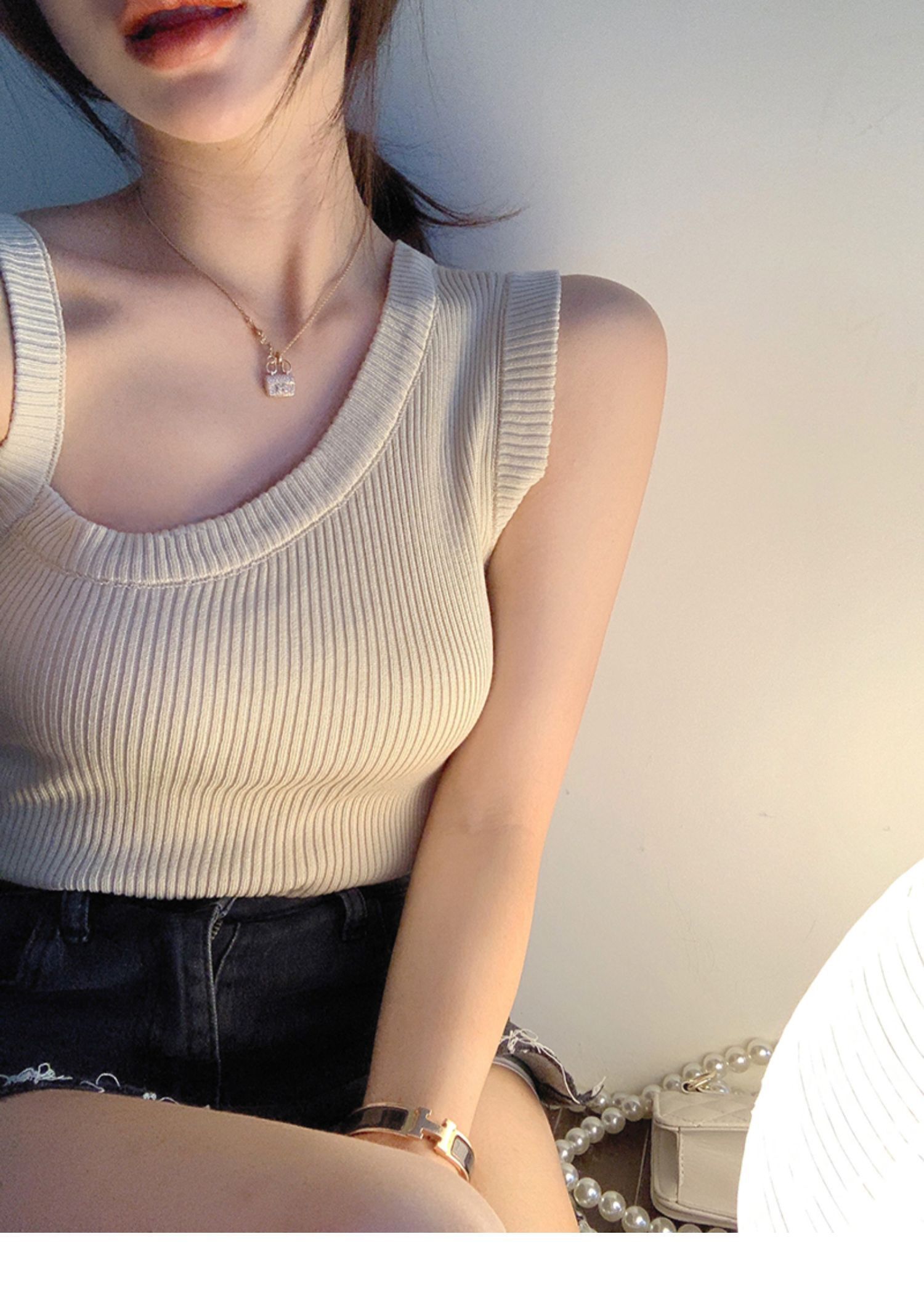 Knit Cotton Girl Female Fashion Sleeveless Singlets Round O Neck Blackless Singlet Comfortable ...