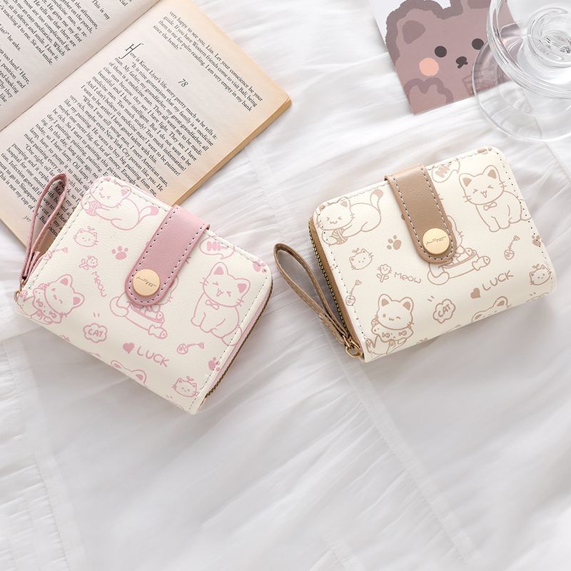 dompet wanita Short Wallet Cute cat Cartoon Student Folding Wallet ...