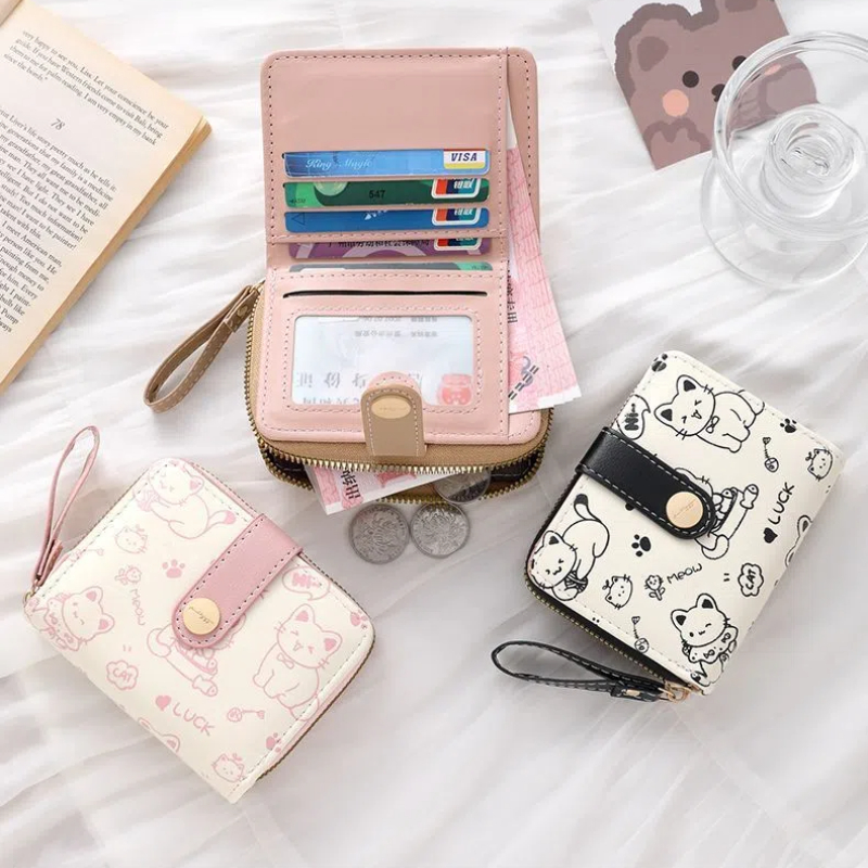 dompet wanita Short Wallet Cute cat Cartoon Student Folding Wallet ...