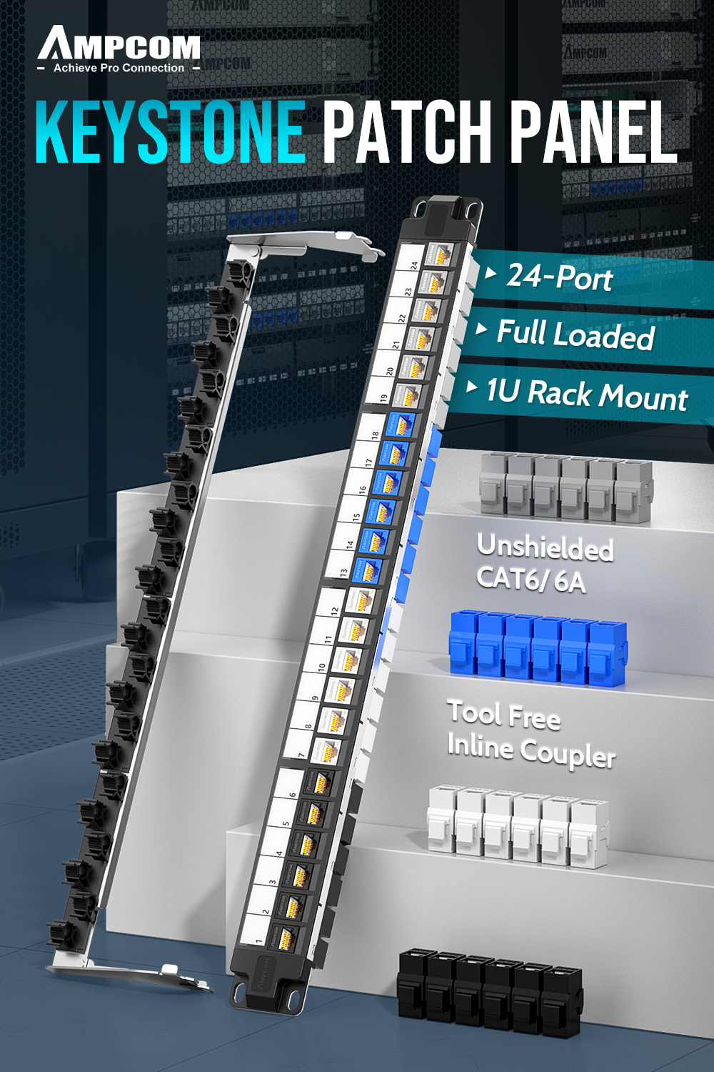 AMPCOM 1U 24-Port Keystone Patch Panel,Rack-Mounted with Rear Cable ...