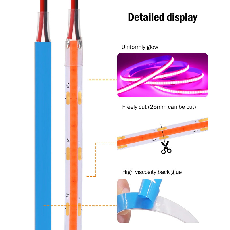 5V COB LED Strip Light with 2 Pin Wire, Flexible 320leds/m COB LED Tape ...