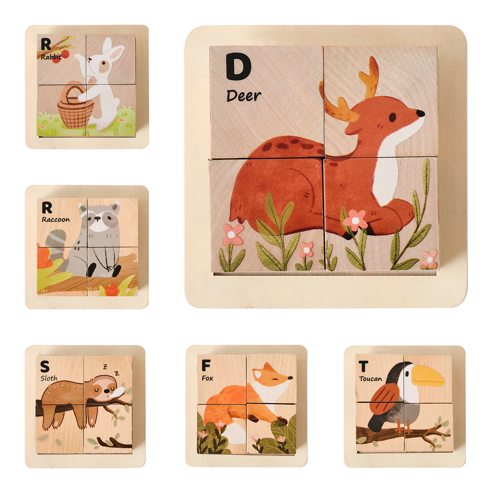 Wooden Four Sided Puzzle Three-Dimensional Animal Assembly Children's ...