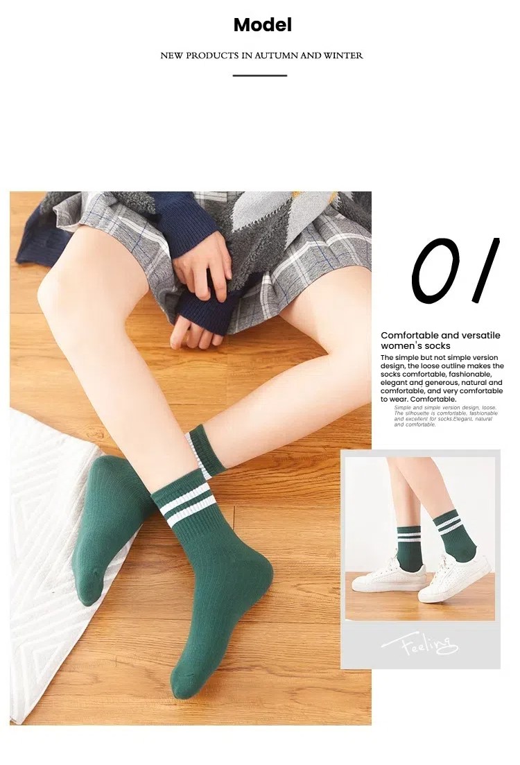 Women's Classic Striped Crew Socks – Preppy Two-Line Design, Breathable ...