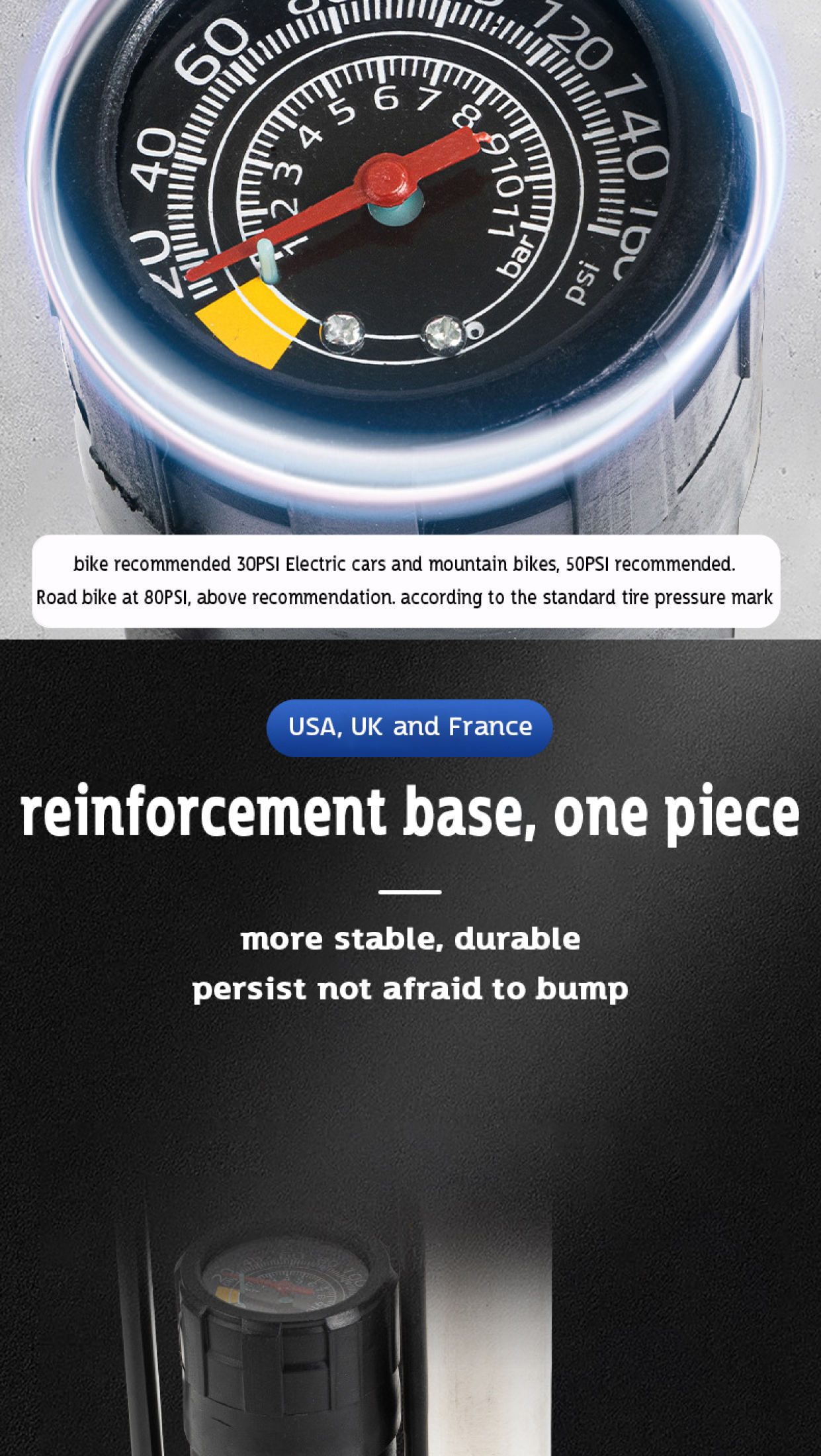 Bicycle Pump High Pressure portable has 3 types of Needle mouth heads ...