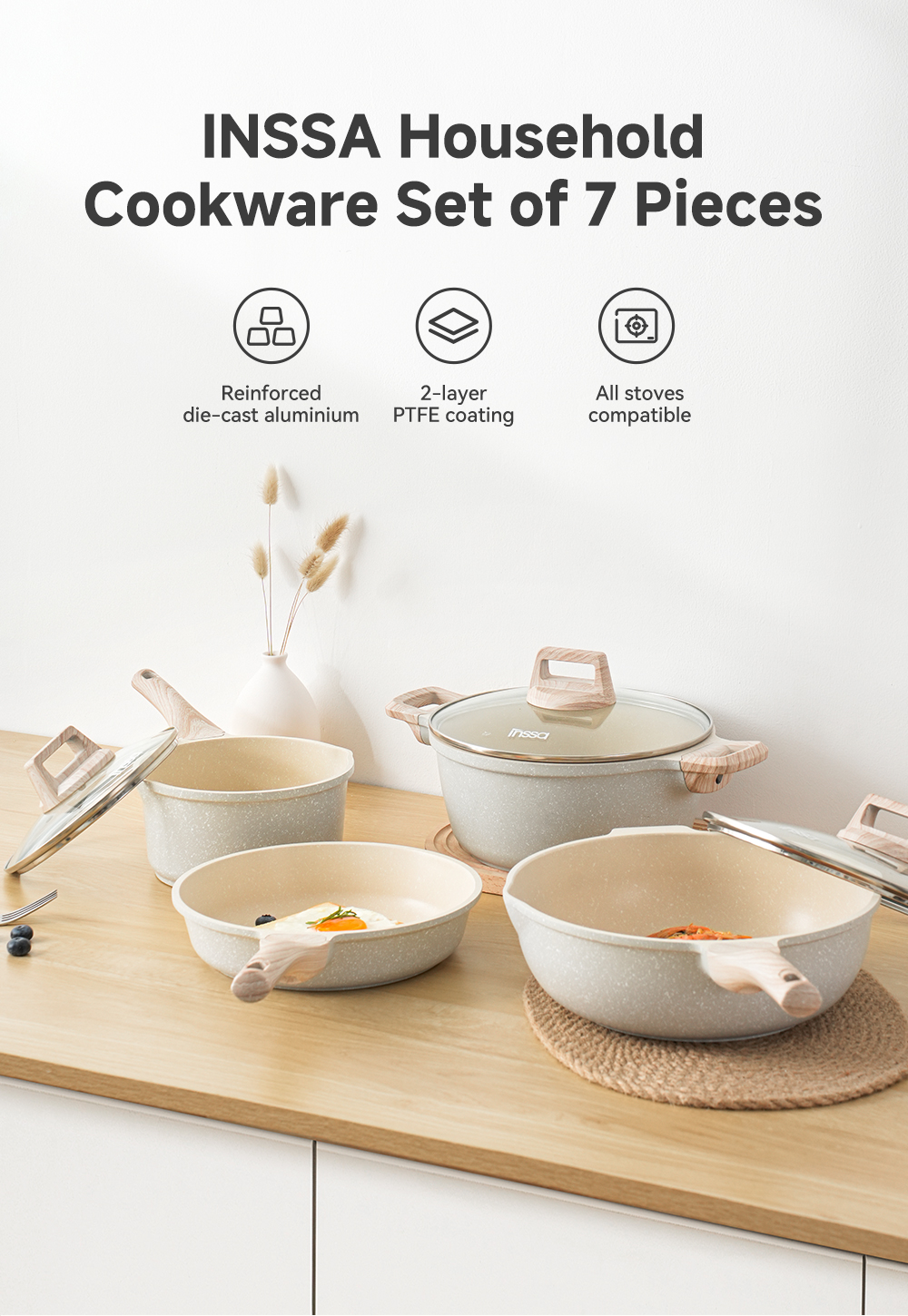 Simplus INSSA 7pcs Cookware Set丨Fry Pan Wok Soup Pot Saucepan丨Maifan ...