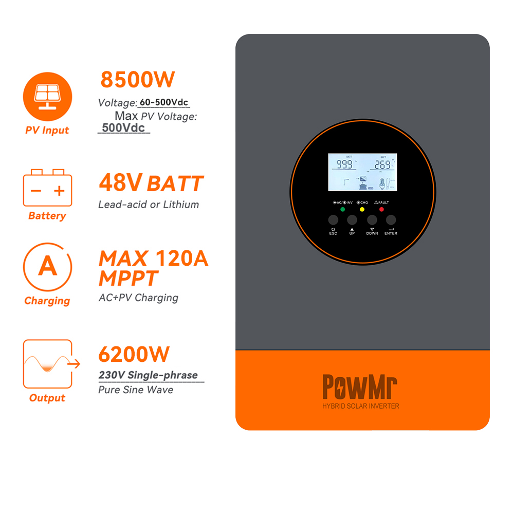 【New Version】PowMr MPPT 6.2KW Off Grid Solar Hybrid Inverter 230Vac Built-in 120A MPPT Solar ...