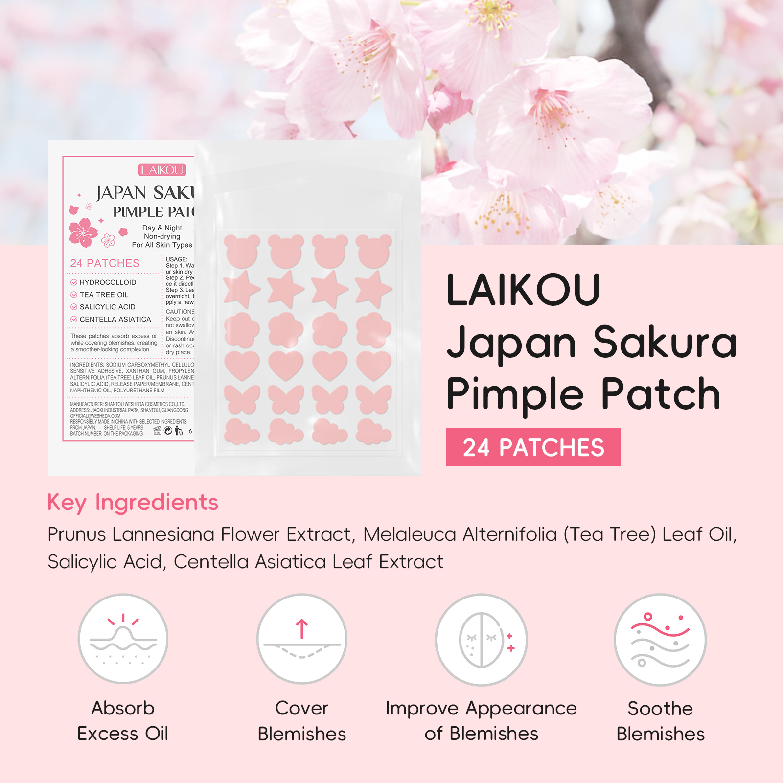 LAIKOU Japan Sakura Salicylic Acid Acne Pimple Patch Centella Asiatica ...