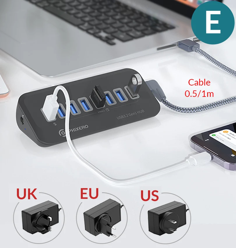 PHIXERO USB 3.2 Docking Station Hub Type C Splitter Adapter Multi Ports ...