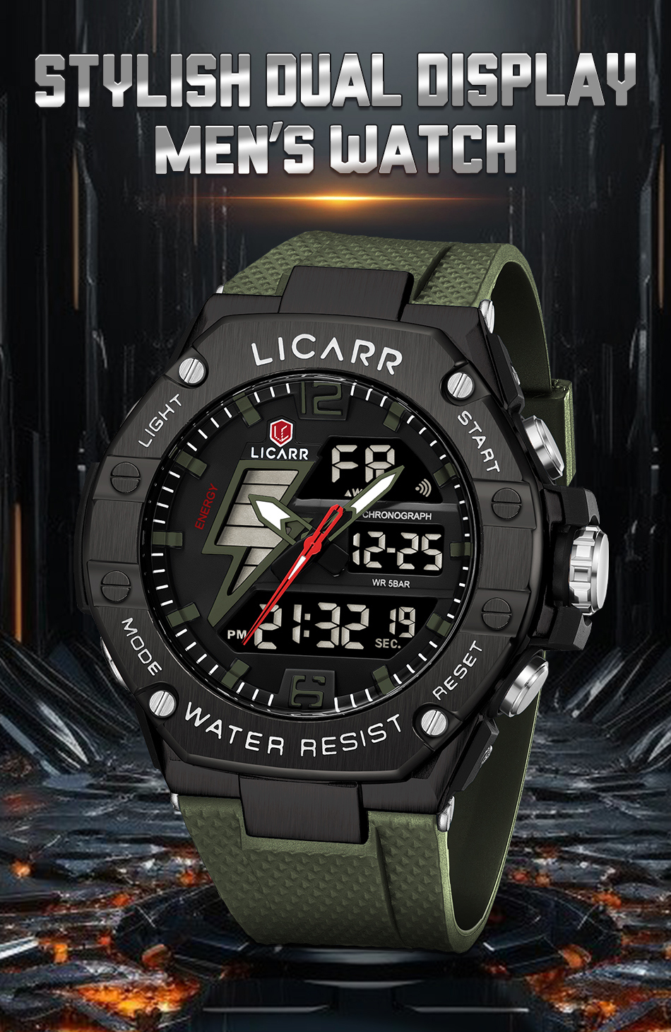 LICARR Dual Display Fashion Men's Watch Top Brand Waterproof Calendar ...