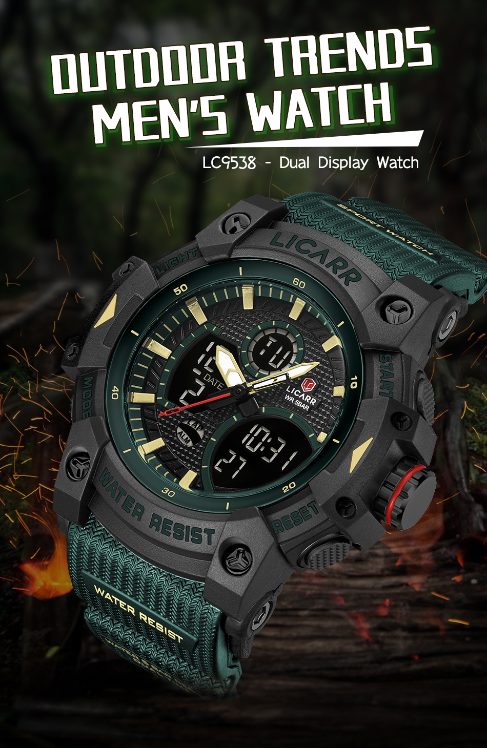LICARR Men's Watch Original Fashion Dual Display Light Alarm Waterproof ...
