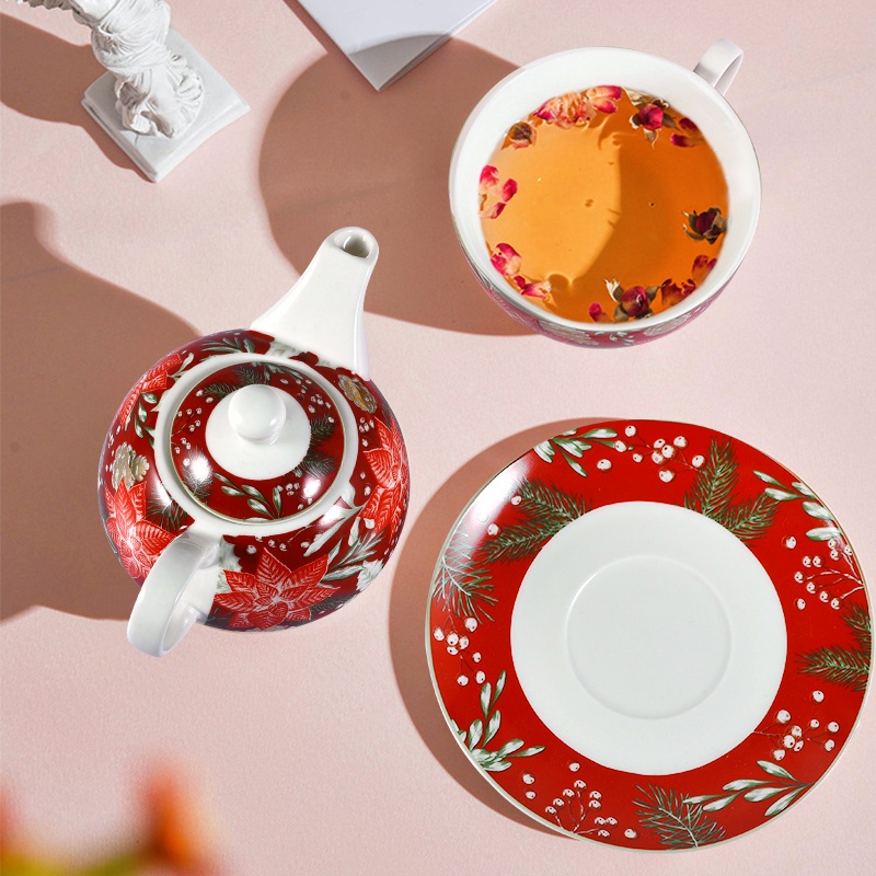 fMBB Red Ceramic Teapot with Cup and Saucer - 400ML for Office Coffee ...