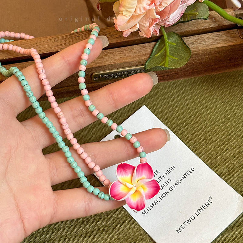 Green Pink Color Double Chain Beades Flower Necklace Sweet Holiday ...