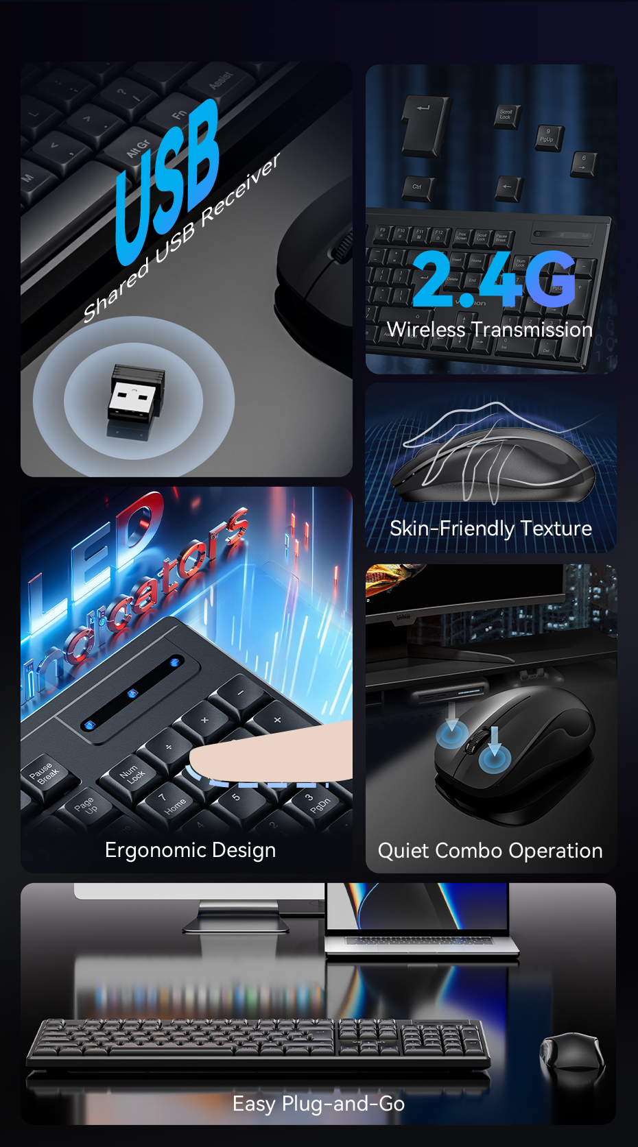 Vention Wireless 2.4G Full-Sized Silent Keyboard and Mouse Combo Slim ...