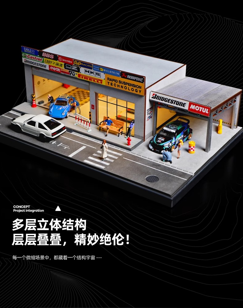 1:64 Diorama Garage Model Car Repair Shop with LED Lighting Miniature ...