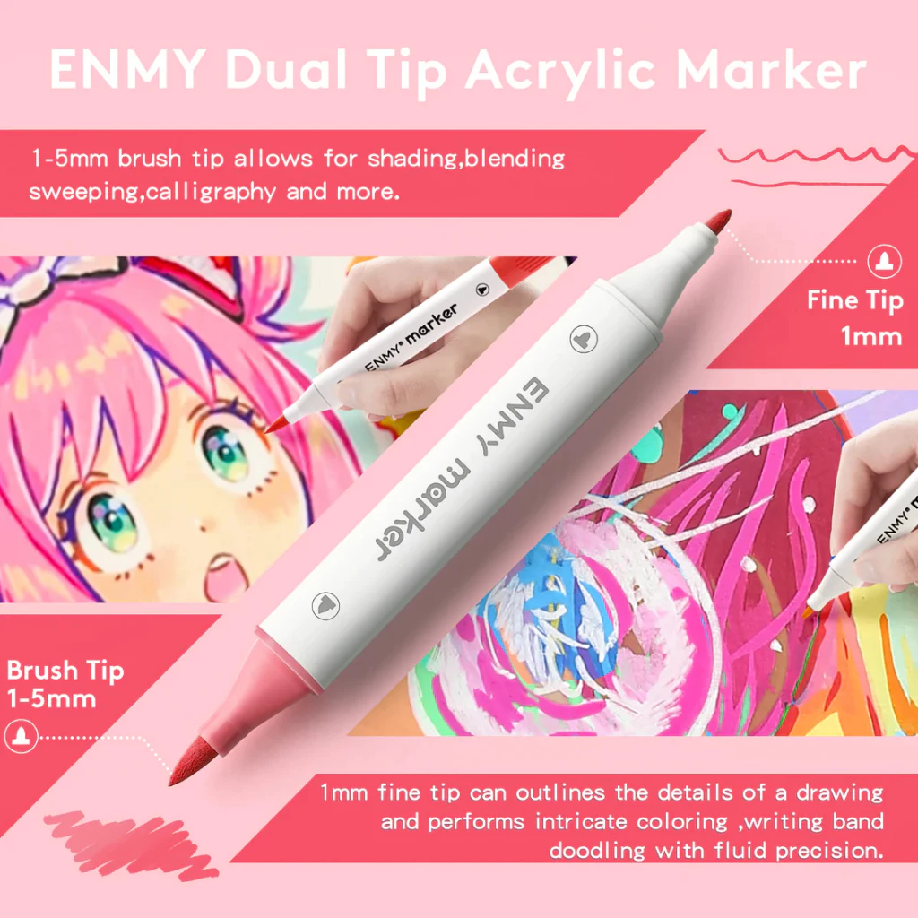 ENMY Dual Tip Acrylic Marker Pen 80/60/48 Colors Set Soft and Fine ...