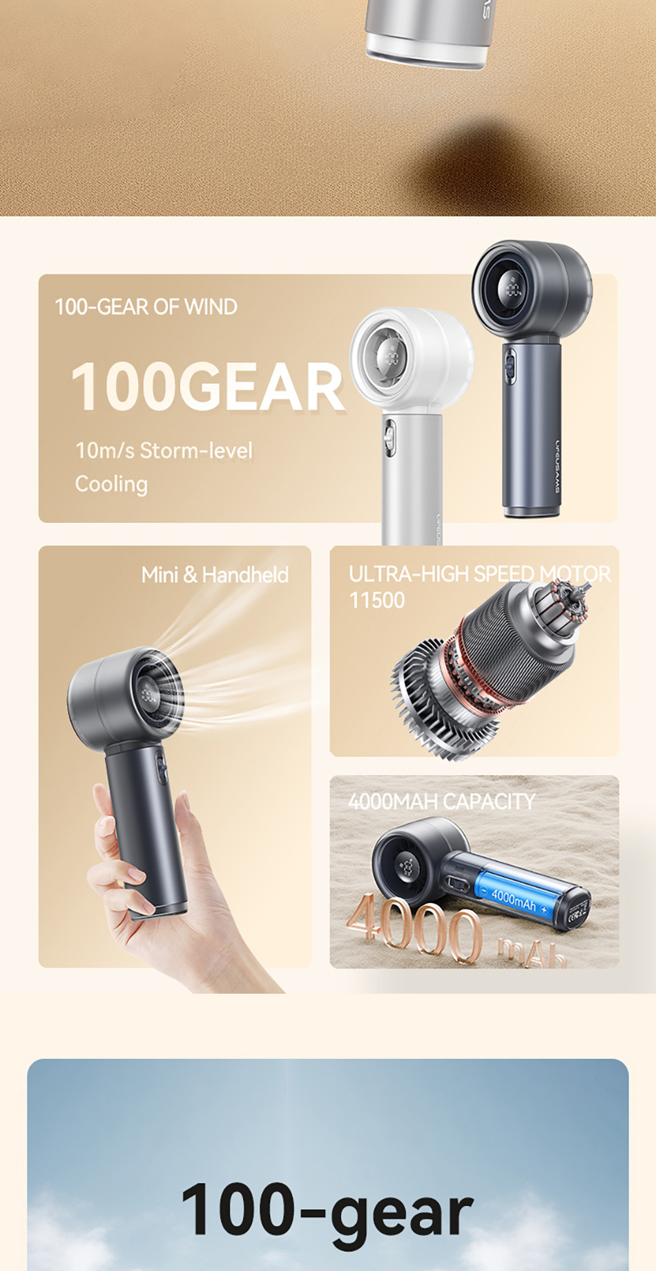 USAMS Handheld Fan Mini Fan Rechargeable Jet Fan 100 Gear Wind Speed ...