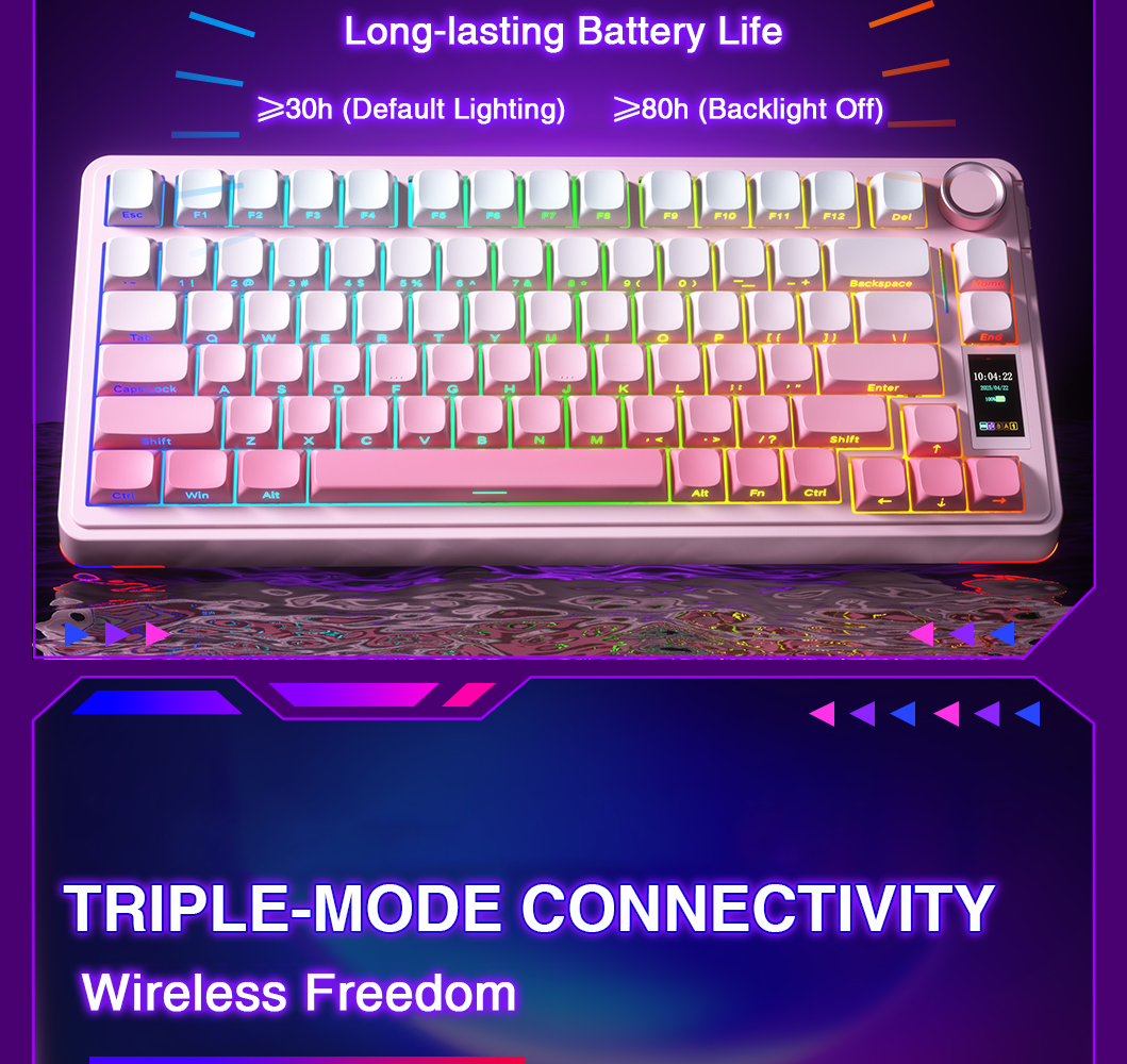 AULA S75PRO Mechanical Keyboard 80Key Bluetooth/2.4G/USB-C LCD Screen & Multi-Function Knob RGB ...