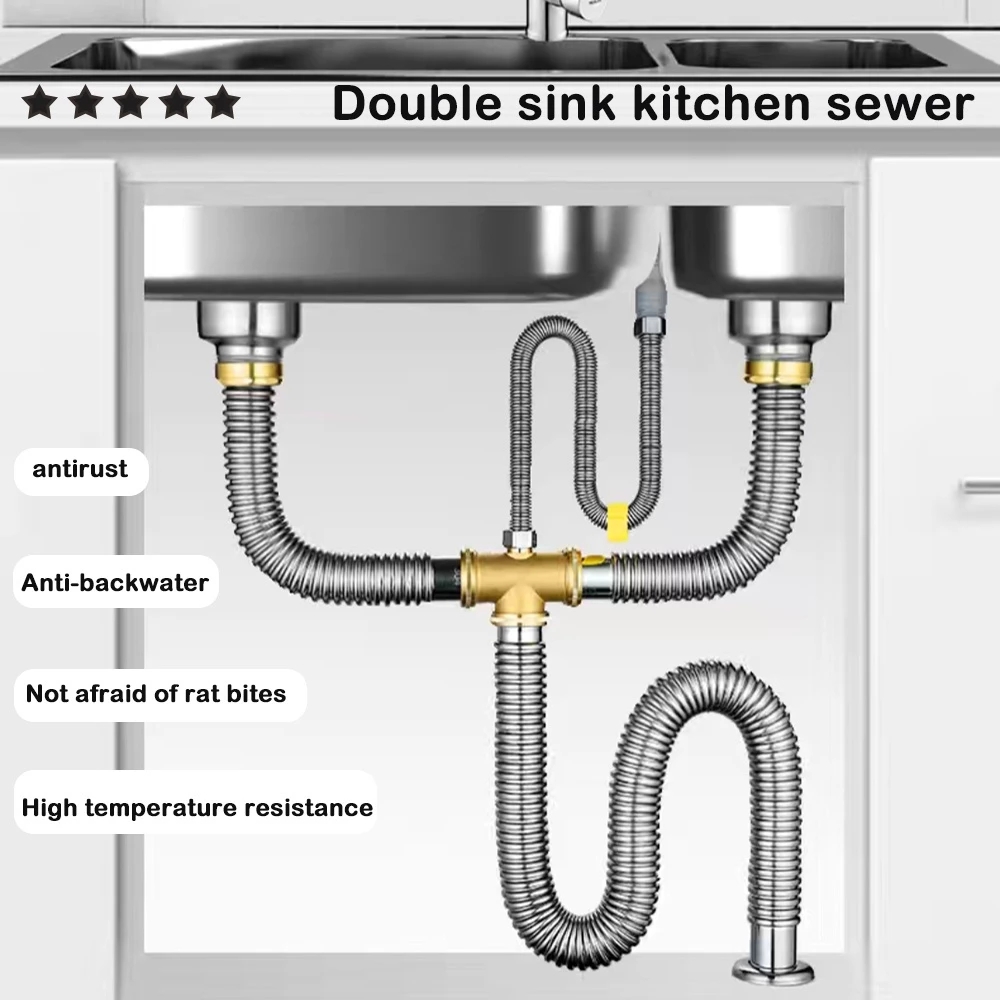 Double Vegetable Sink Drainage Device, Kitchen Sewer Pipe Fittings, 304 ...
