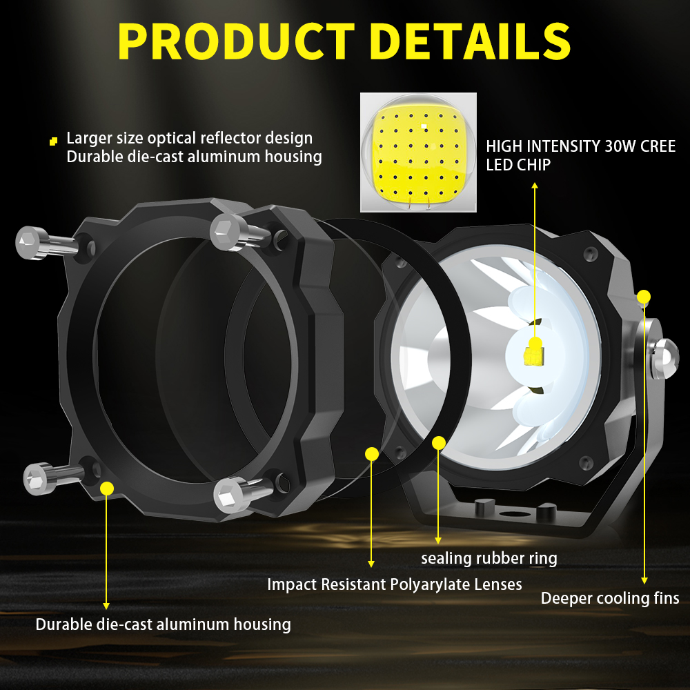 10000Lm 3Inch Round LED Headlights 12V Motorcycle Spotlights Yellow Fog ...
