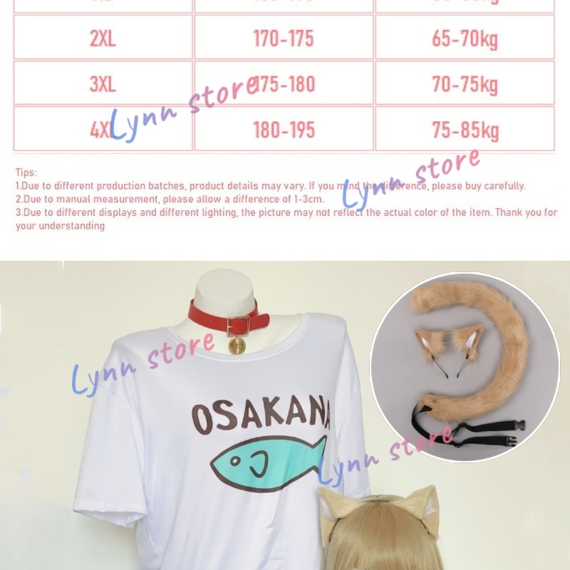 Kinako Cosplay Costume 40Hara Cat Girl Anime T-Shirt Wig Headdress Tail ...