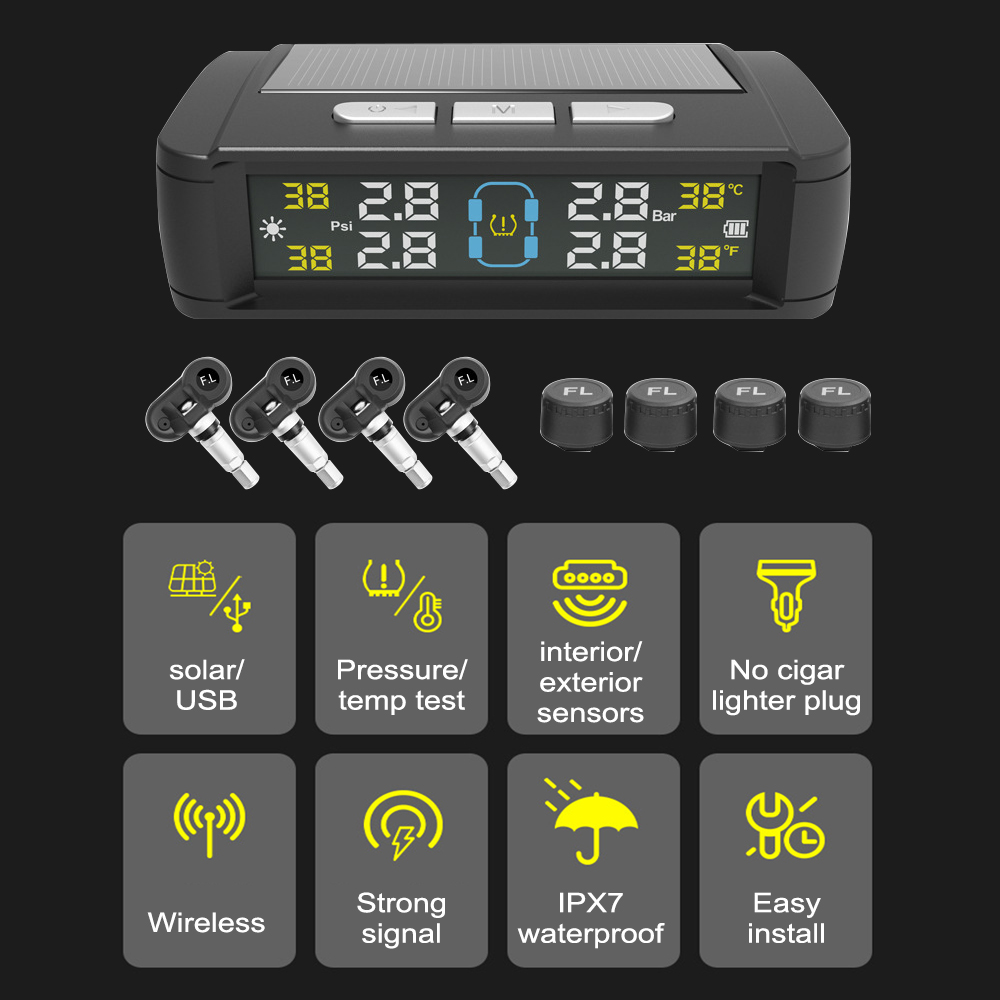 Universal Solar-Powered TPMS with LCD Display IPX7 Waterproof Real-Time ...