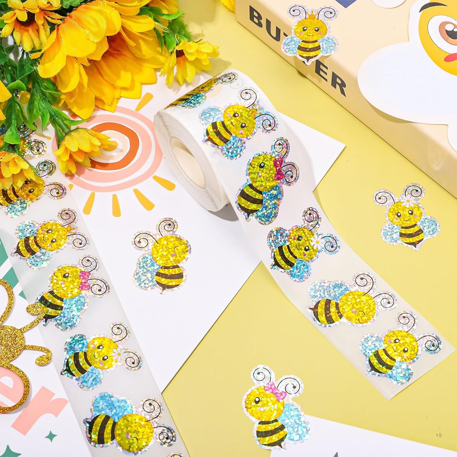 500 Pcs Bee Stickers Roll Laser Bumble Bee Seal Stickers Cartoon Animal ...