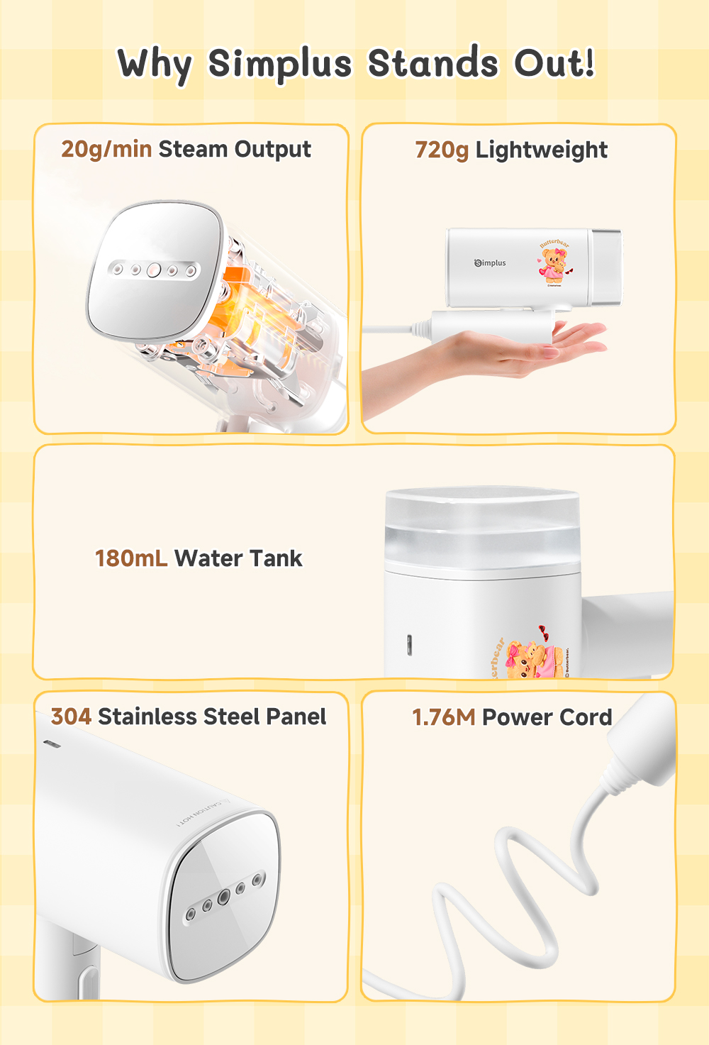 Simplus x Butterbear Handheld Garment Steamer丨1200W High Power丨180ml Water Tank丨Foldable ...