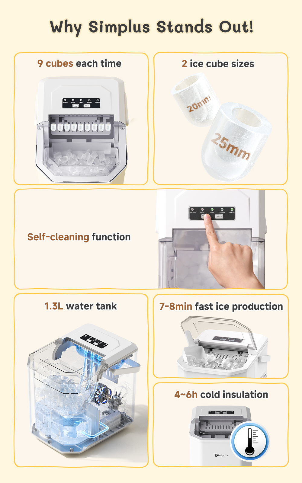 Simplus x Butterbear Ice Maker Household 1.3L Water Tank Compact Design ...