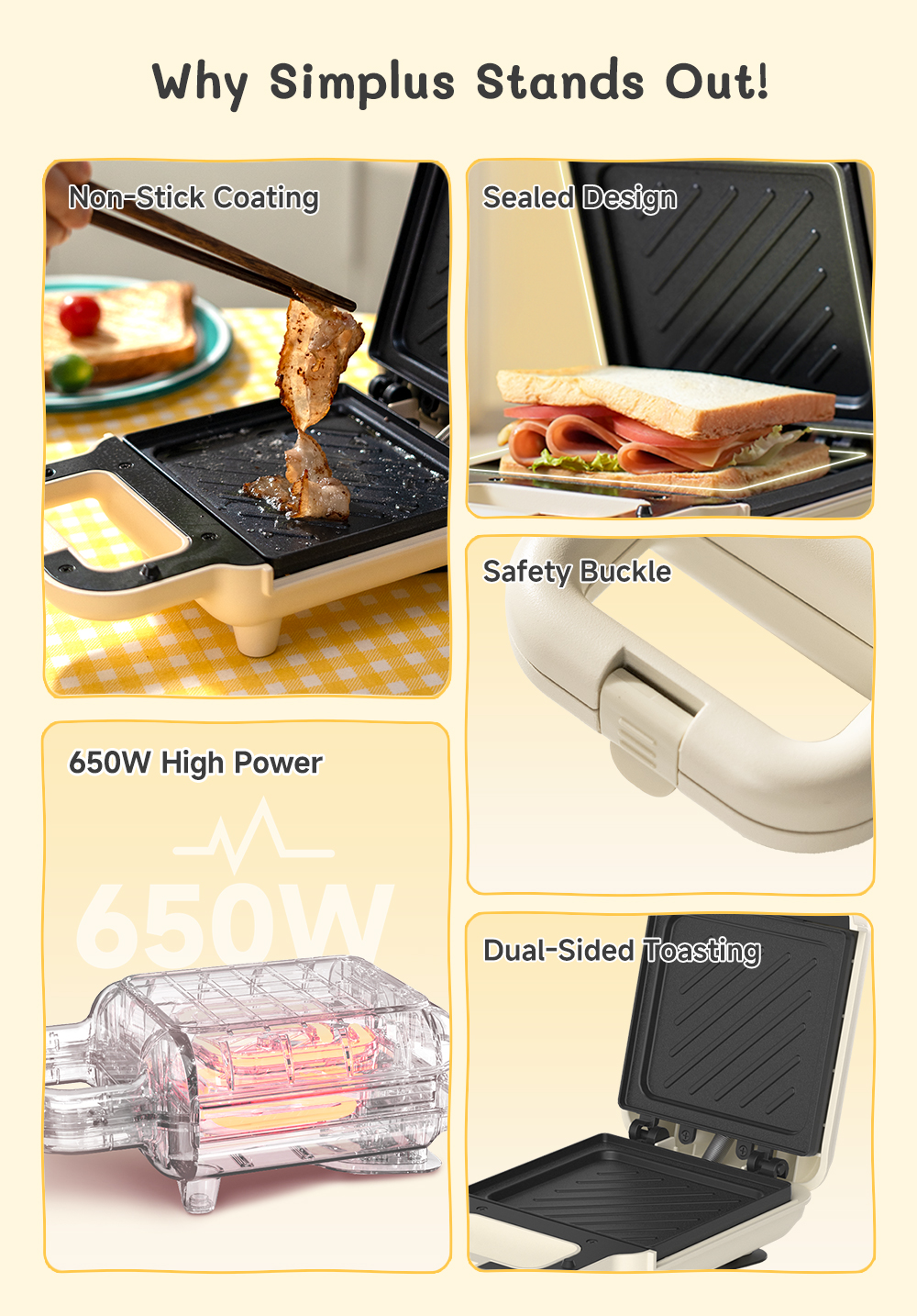 Simplus x Butterbear Sandwich Maker | 650W | Panini Waffle Breakfast ...