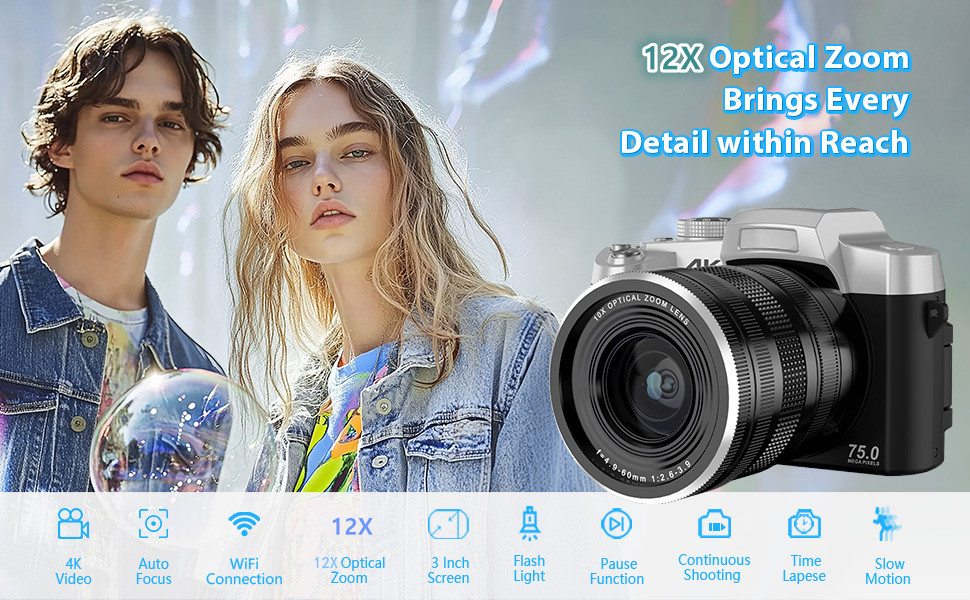 VETEK9-pro Camera for Photography, 4K Digital Camera, 12X Optical Zoom ...