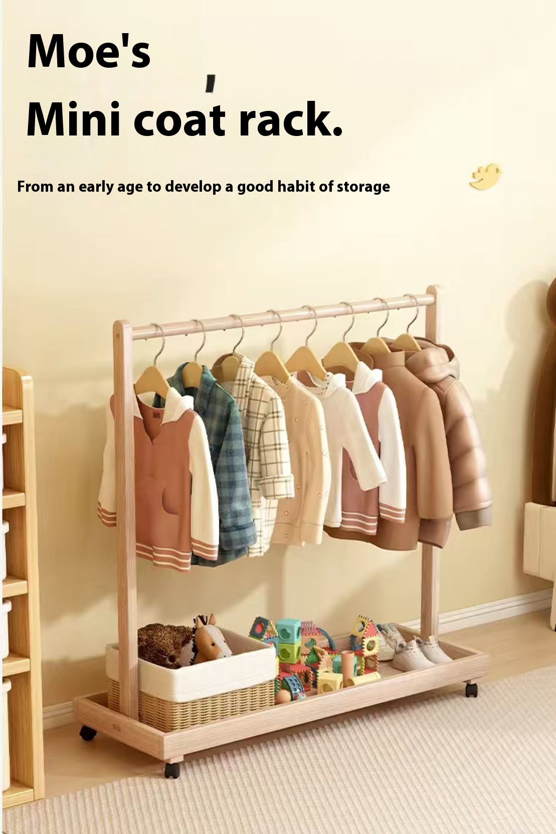 Children's Solid Wood Coat Rack Movable Clothes Rack Stand Clothes ...