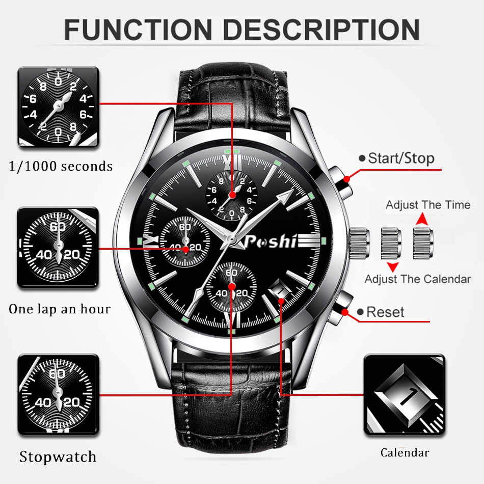 POSHI Men's Leather Strap Watch: Trendy Chronograph with Luminous ...