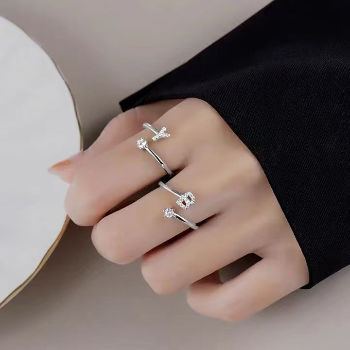S925 Silver Alphabet Open Ring Crystal Engagement Wedding Jewelry for ...
