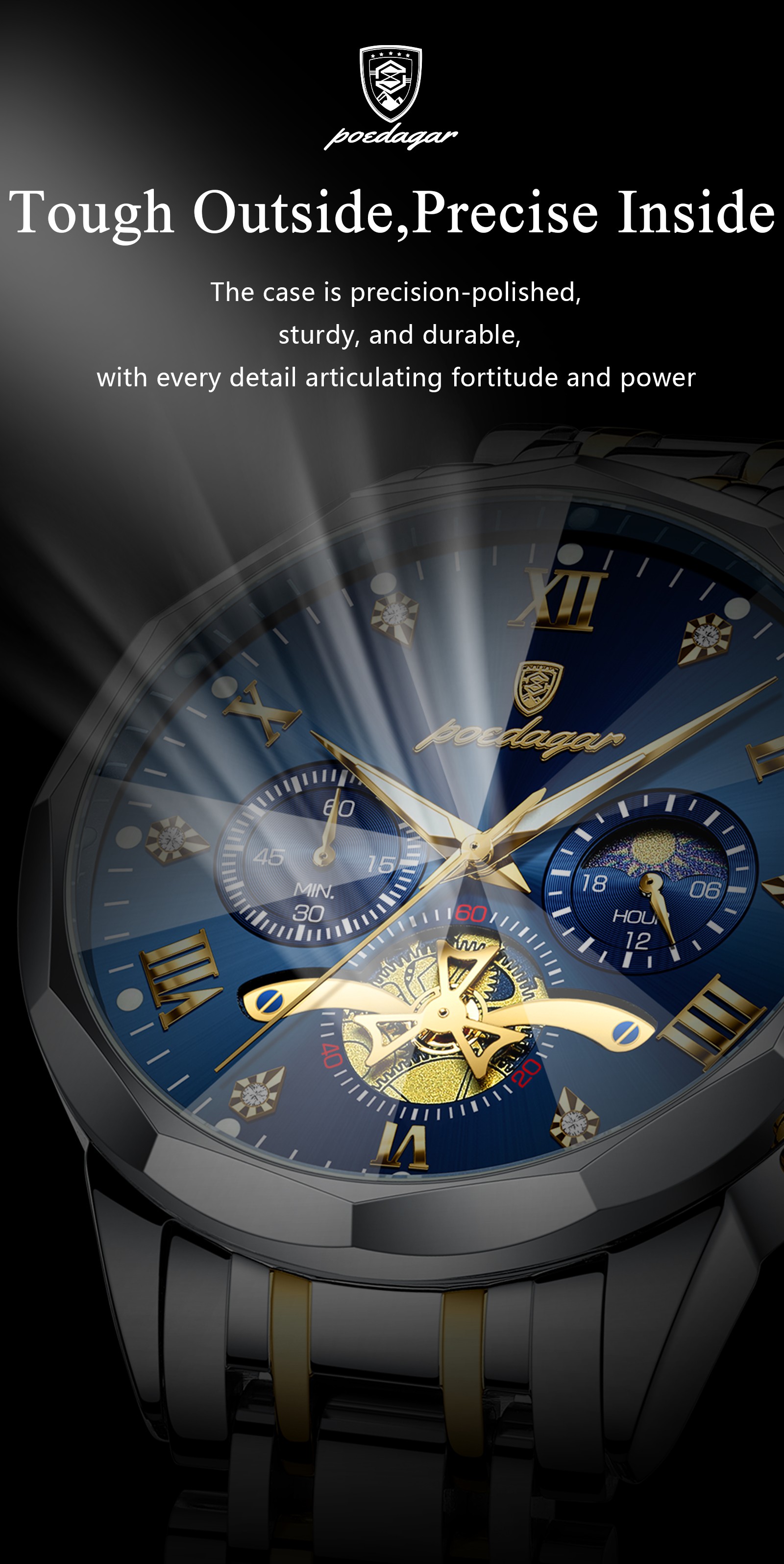 POEDAGAR Tourbillon Luxury Stainless Steel Men Watch Chronograph ...