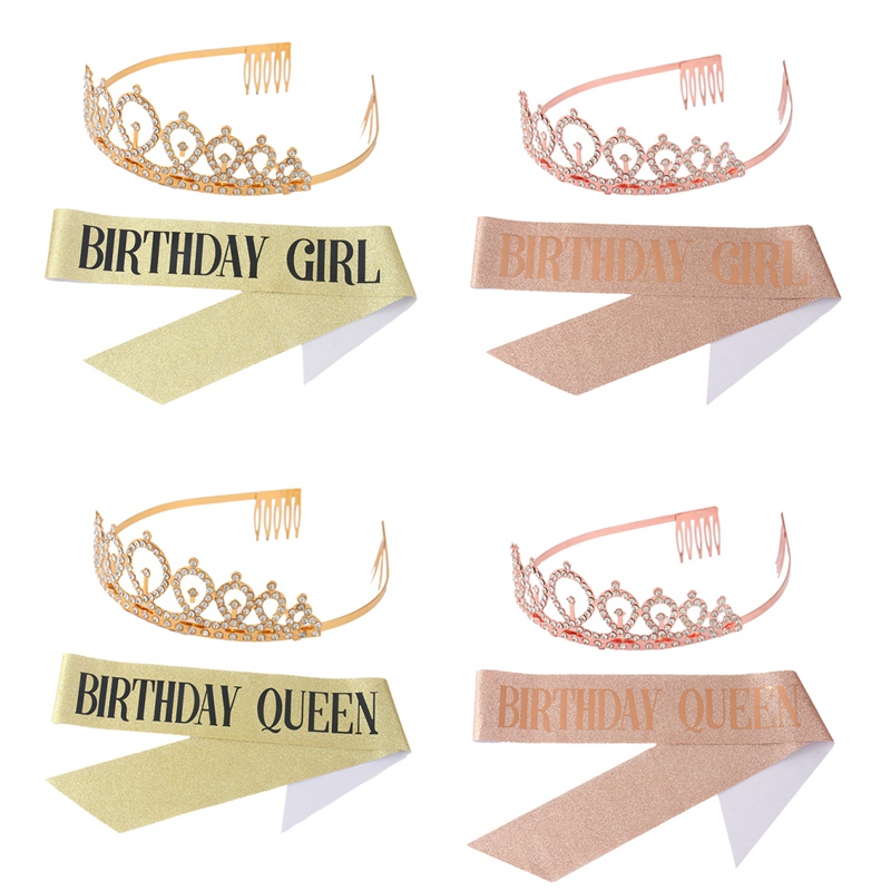 【Local Stock】Rhinestone Crystal Crown Sash Birthday Set Girl Queen Rose ...