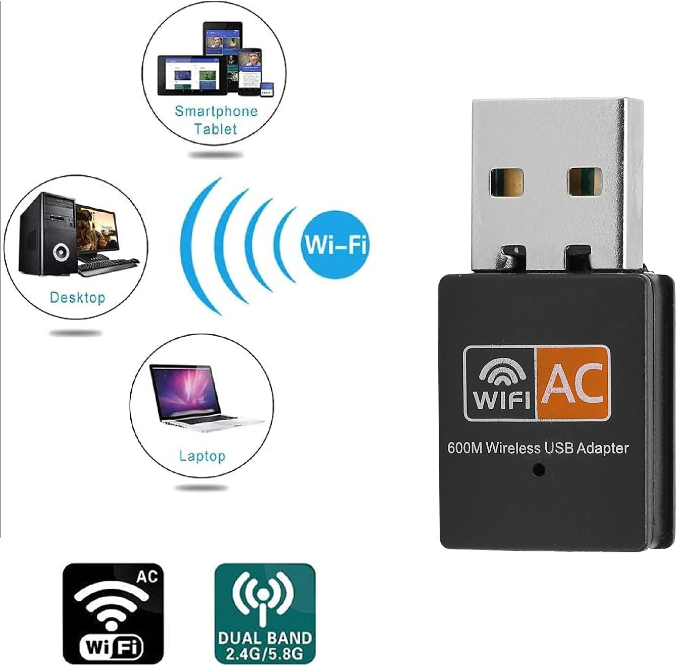 Bluetooth ﻿Dual Band WIFI Adapter AC600M USB 5G 2.4G External 8811 Chip Full Support for PC ...