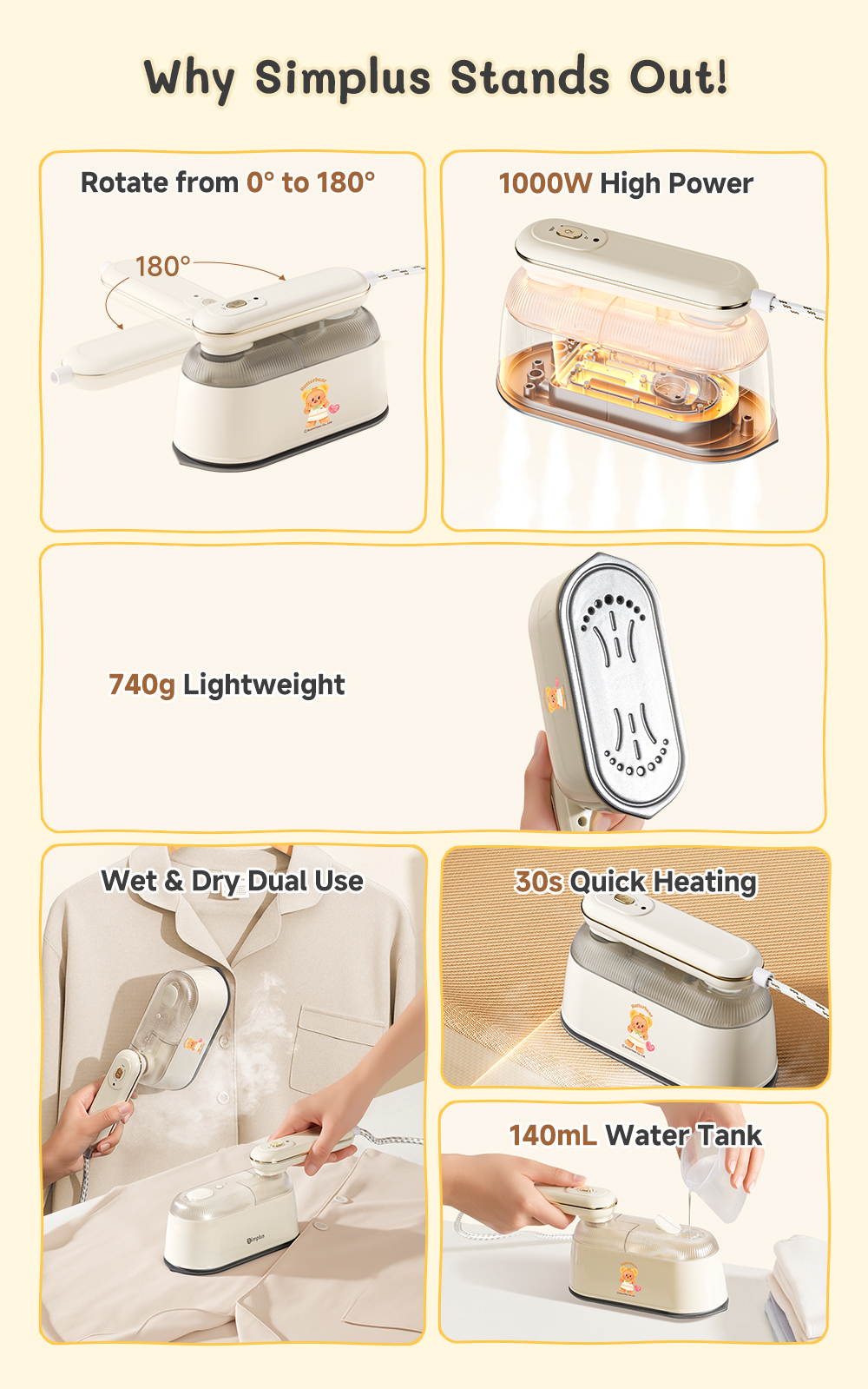 Simplus x Butterbear Steam Iron 180° Rotatable Handle Compact Portable ...