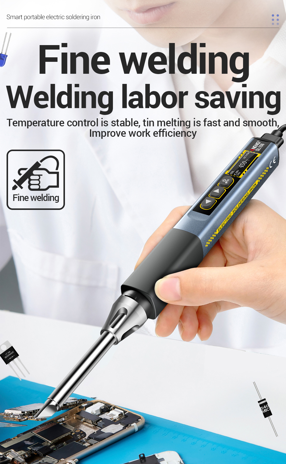 ANENG SL108 Electric Soldering Iron - 96W Adjustable Temperature, Fast ...