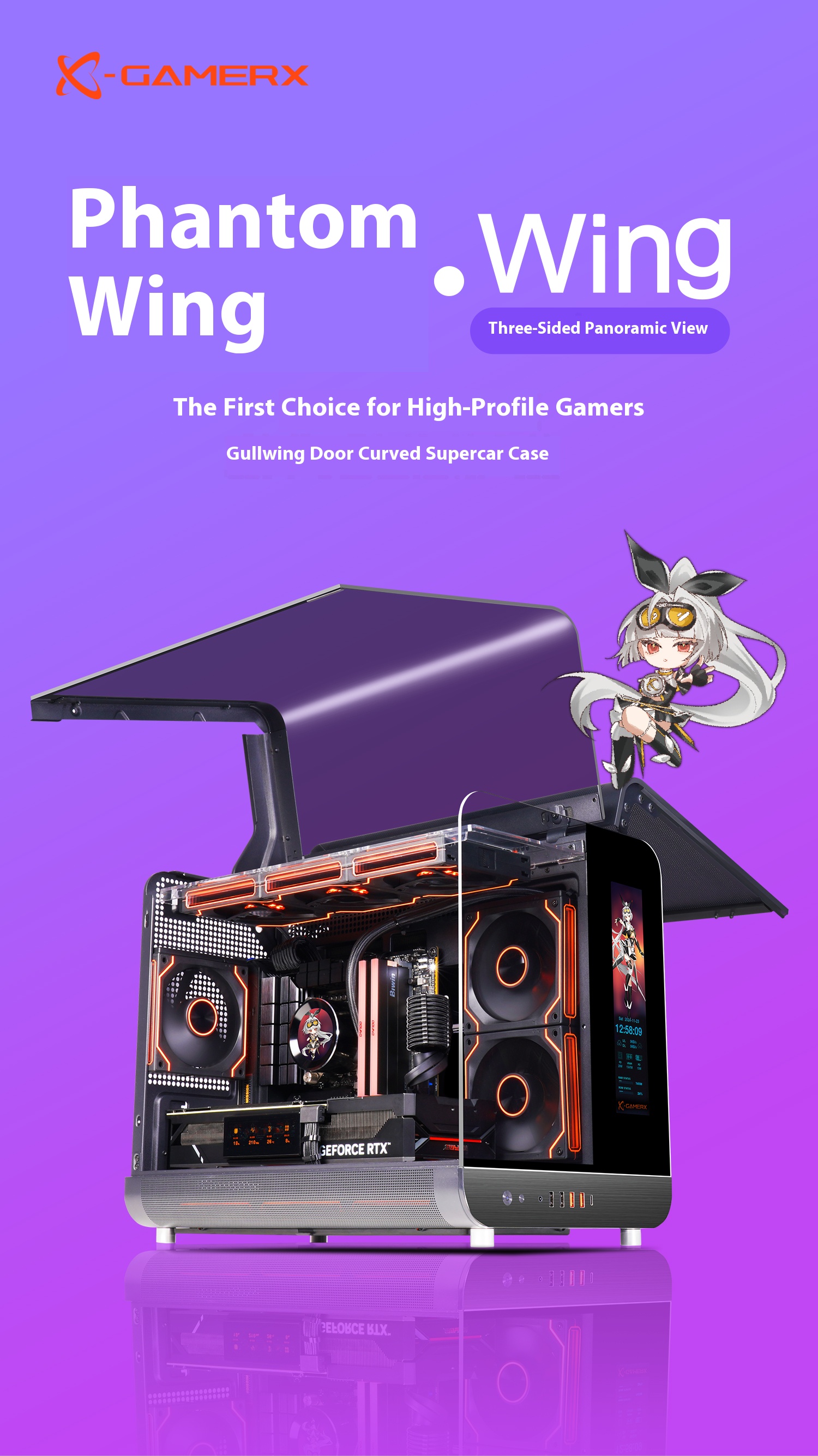 X-GAMERX Future Computer Cases Wings LCD Edition Black Seaview Room Case MATX Vertical 360 Water ...