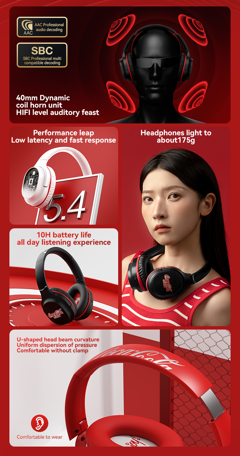 Coca-Cola Co-branded T18 Bluetooth Headphones Touch Control + 46dB ...