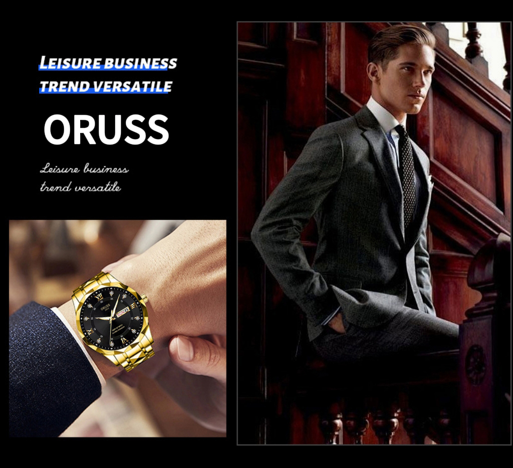 ORUSS Original Men Stainless Steel Dual Calendar Luminous Waterproof ...