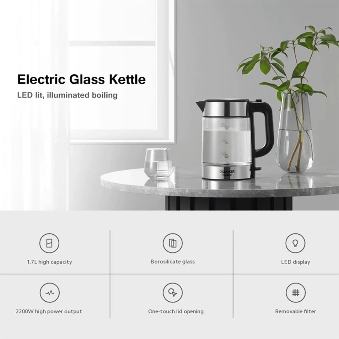 QCOOKER 1.7L Electric Kettle 2200W Ultra-Fast Boiling Borosilicate ...