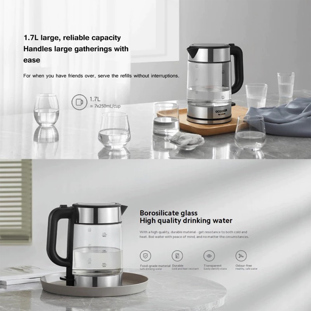 QCOOKER 1.7L Electric Kettle 2200W Ultra-Fast Boiling Borosilicate ...