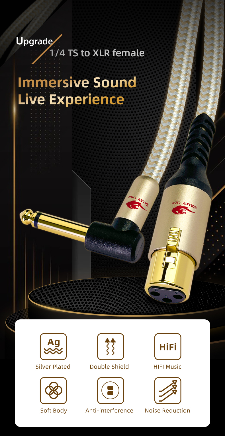 GOLLEY LION Right-Angle 1/4 TS to XLR Female Cable, Nylon Braided ...