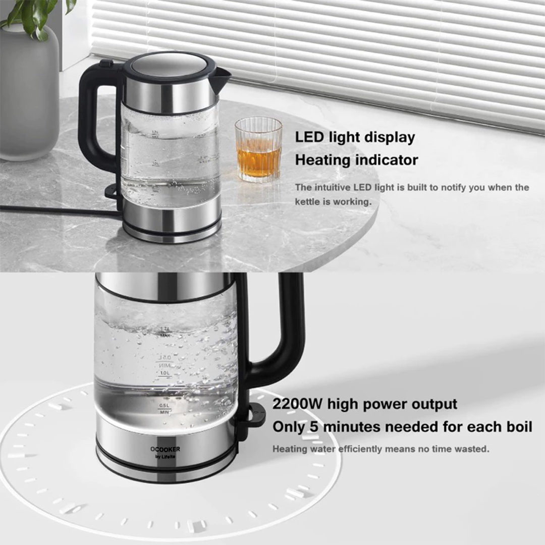 QCOOKER 1.7L Electric Kettle 2200W Ultra-Fast Boiling Borosilicate ...