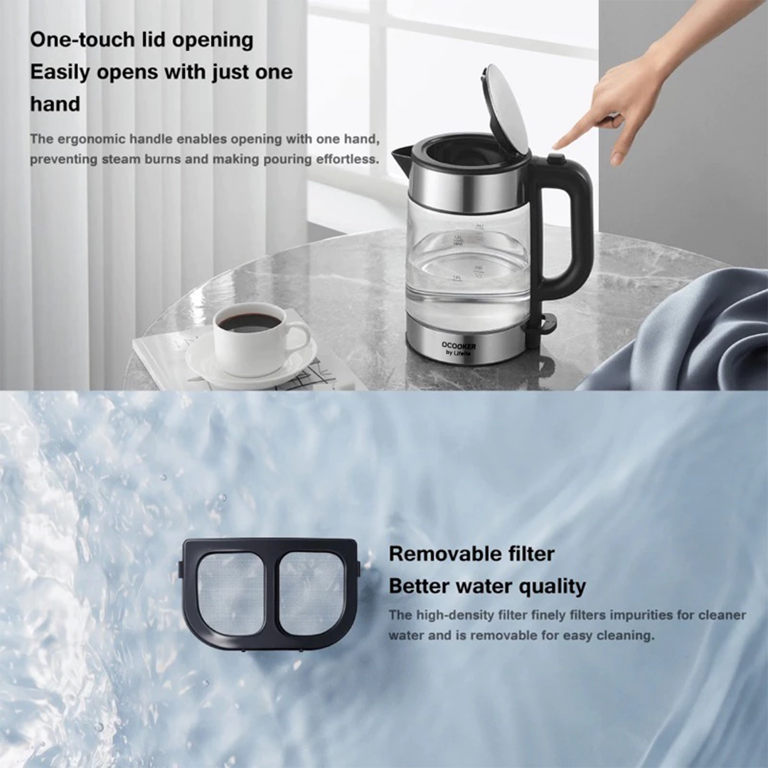 QCOOKER 1.7L Electric Kettle 2200W Ultra-Fast Boiling Borosilicate ...